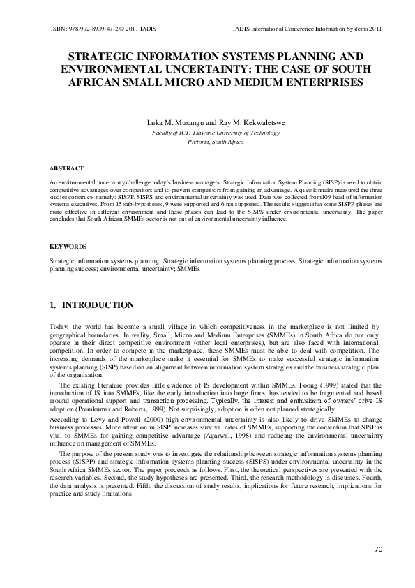 (PDF) Strategic Information Systems Planning and Environmental Uncertainty : An Empirical Assessment