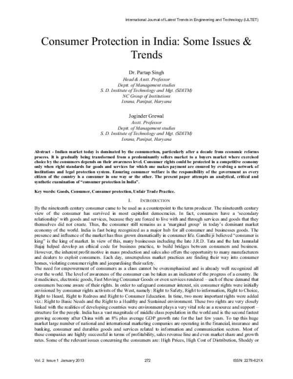(PDF) Consumer Protection in India: Some Issues & Trends