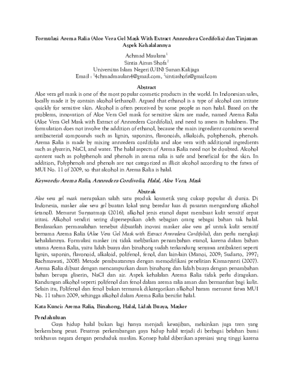 (PDF) Formulasi Arema Ralia (Aloe Vera Gel Mask With Extract Annredera Cordifolia) dan Tinjauan ...