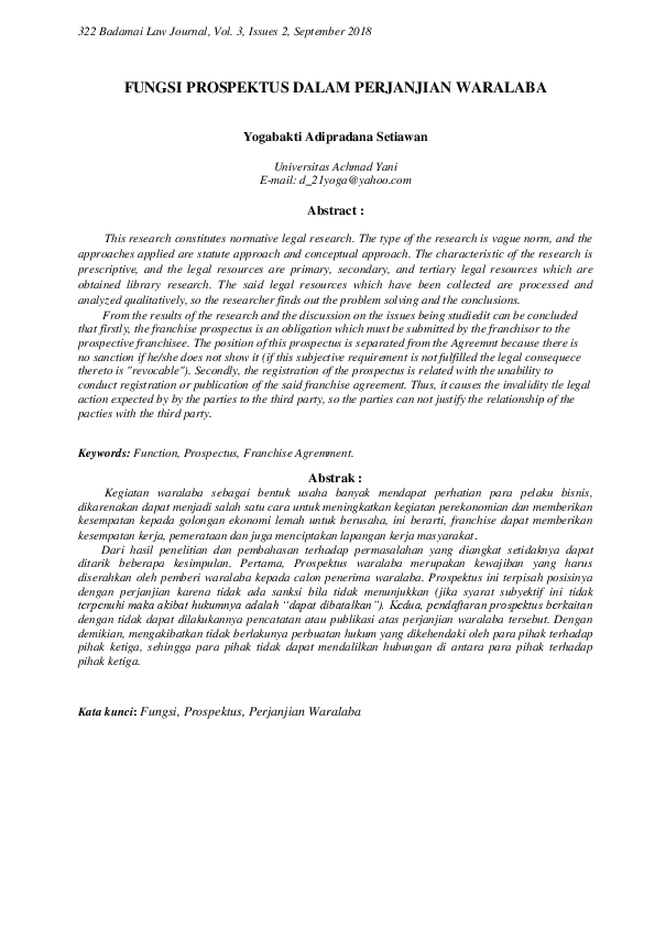 (PDF) Fungsi Prospektus Dalam Perjanjian Waralaba