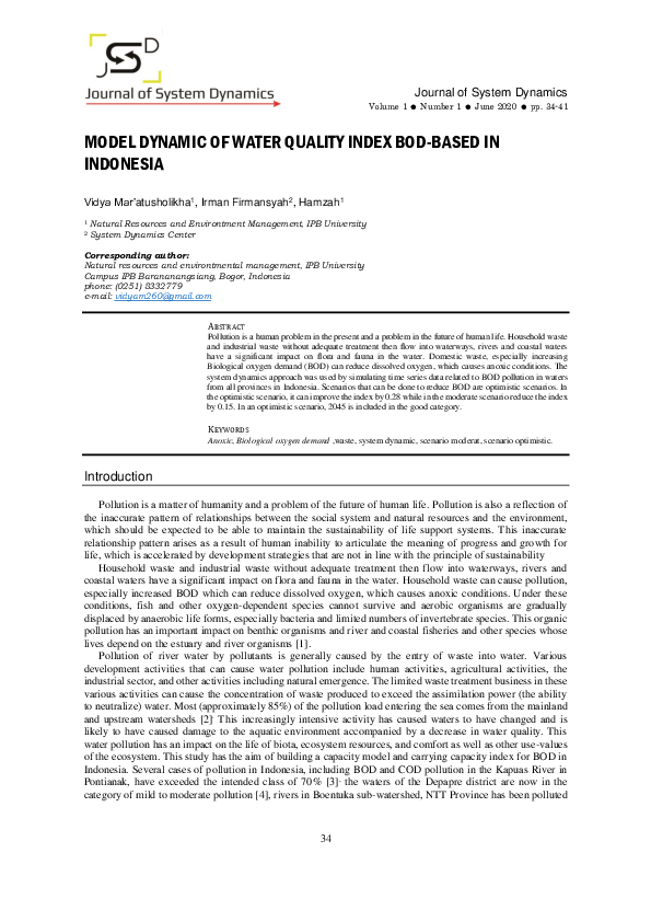 (PDF) Model Dynamic of Water Quality Index Bod-Based in Indonesia