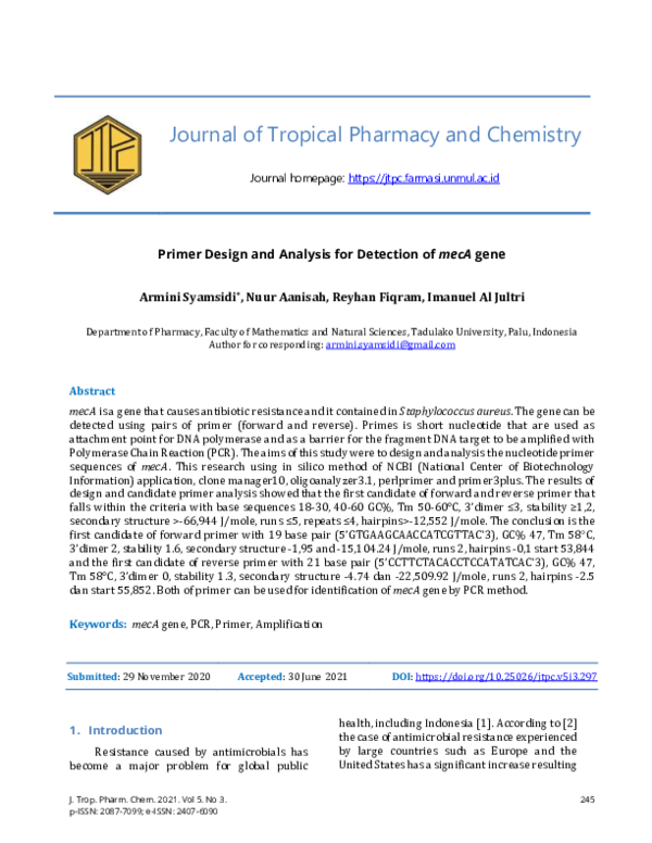 (PDF) Primer Design and Analysis for Detection of mecA gene