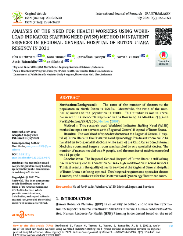 Pdf Analysis Of The Need For Health Workers Using Workload Indicator Staffing Need Wisn