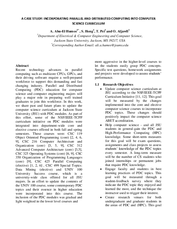 (PDF) A CASE STUDY: INCORPORATING PARALLEL AND DISTRIBUTED COMPUTING INTO COMPUTER SCIENCE ...