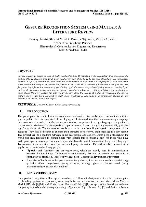 Pdf Gesture Recognition System Using Matlab A Literature Review