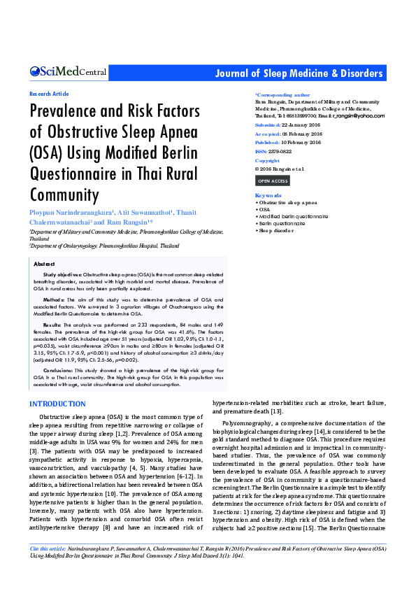 Pdf Prevalence And Risk Factors Of Obstructive Sleep Apnea Osa Using Modified Berlin