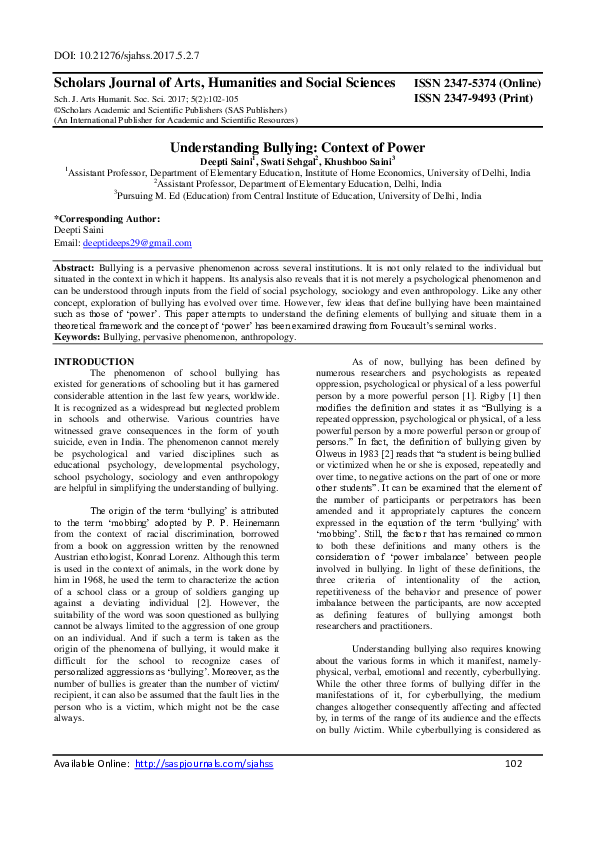 (PDF) Understanding Bullying: Context of Power