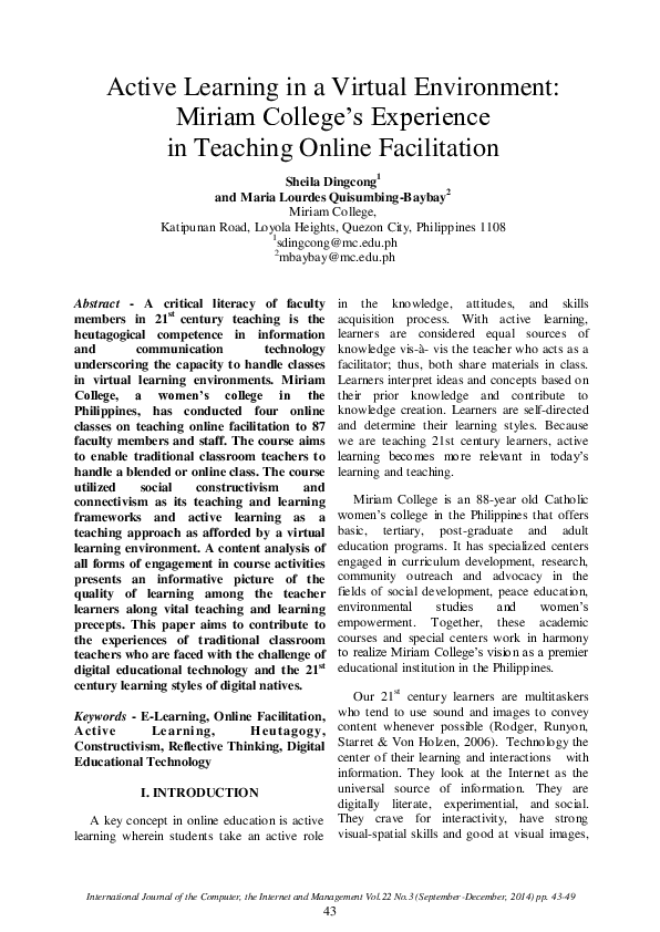 (PDF) Active Learning for Online Teaching: Miriam College's Approach
