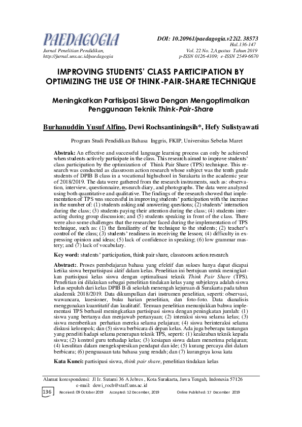 (PDF) Improving Students’ Class Participation by Optimizing The Use of Think-Pair-Share Technique