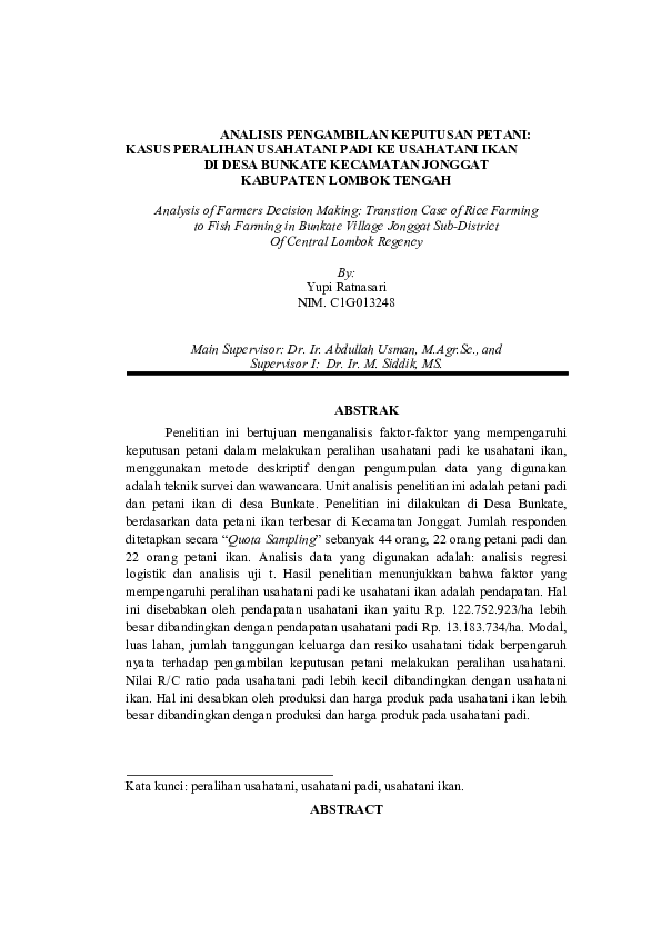 (PDF) Analisis Pengambilan Keputusan Petani: Kasus Peralihan Usahatani Padi Ke Usahatani Ikan DI ...