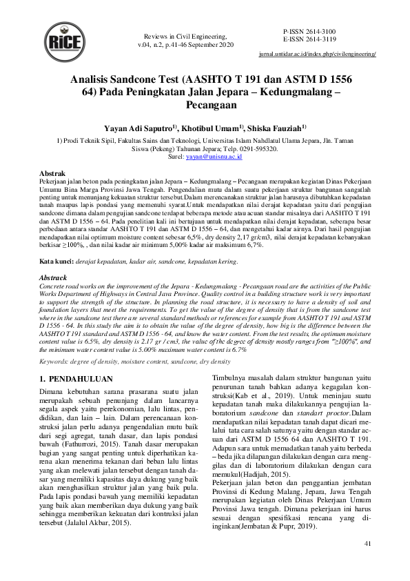 (PDF) Analisis Sandcone Test (AASHTO T 191 dan ASTM D 1556 64) Pada ...