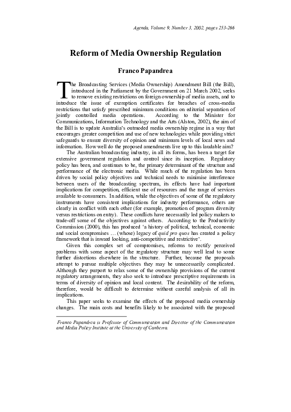 (PDF) Reform of Media Ownership Regulation