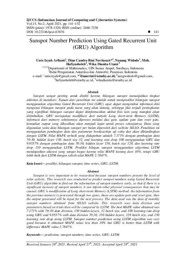 Pdf Sunspot Number Prediction Using Gated Recurrent Unit Gru Algorithm