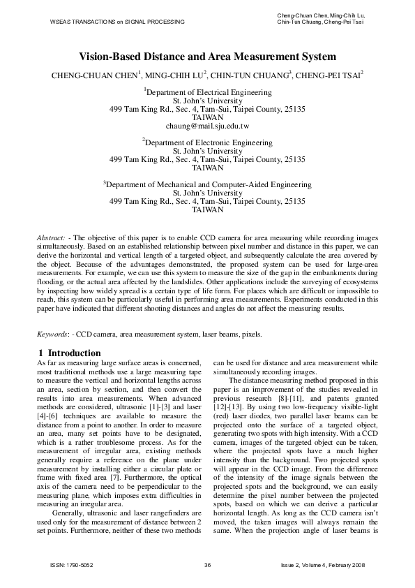 (PDF) Vision-based distance and area measurement system | Cheng-Pei ...