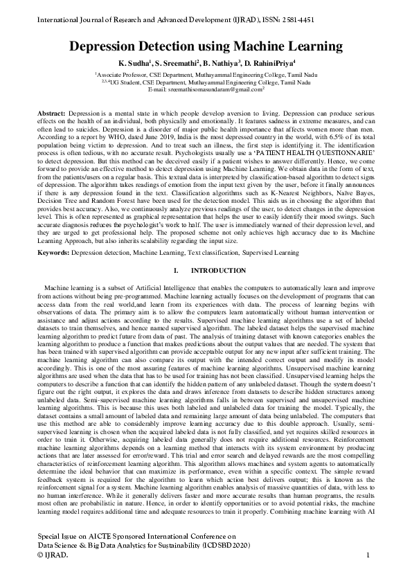 (PDF) Depression Detection using Machine Learning | S.Sreemathi Grdcs ...
