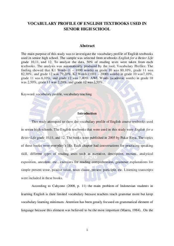 (PDF) Vocabulary Profile of English Textbooks Used in Senior High School
