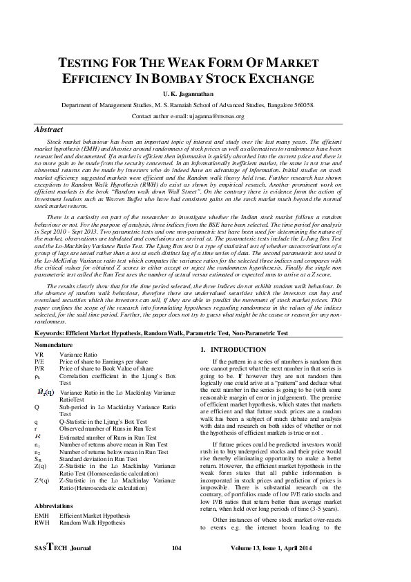 (PDF) Testing for the Weak Form of Market Efficiency in Bombay Stock ...