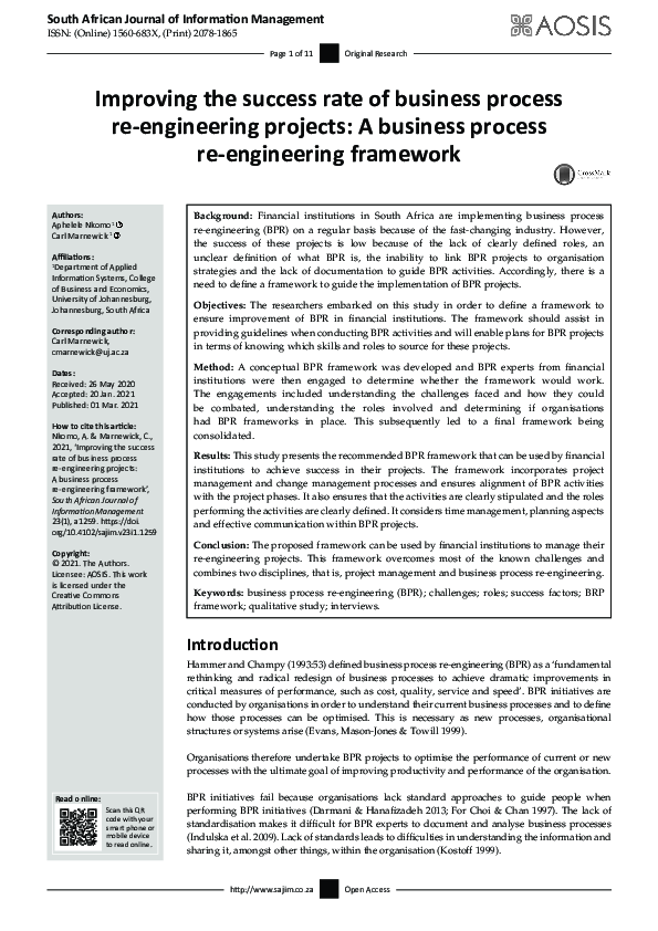(PDF) Improving the success rate of business process re-engineering ...