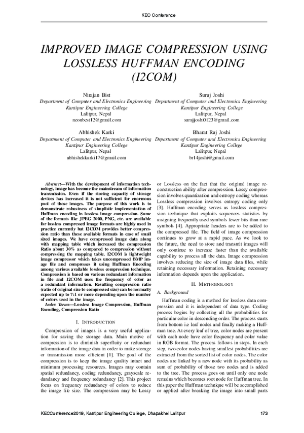 (PDF) Improved Image Compression Using Lossless Huffman Encoding (I2COM)