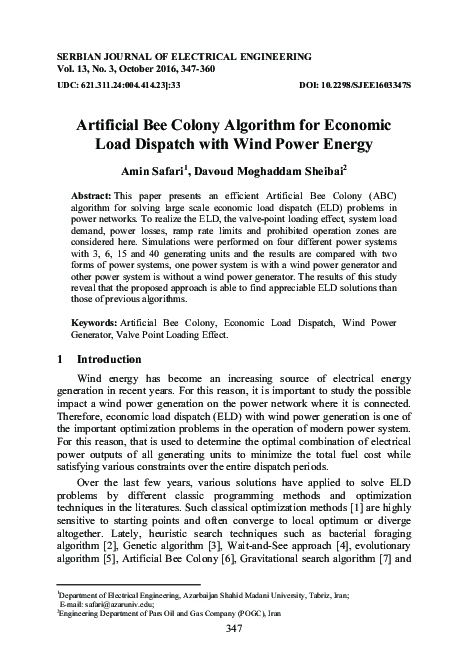 (PDF) Artificial bee colony algorithm for economic load dispatch with wind power energy