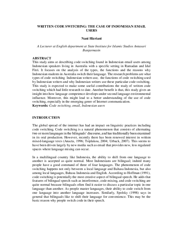 (PDF) Written Code Switching: The Case of Indonesian Email Users
