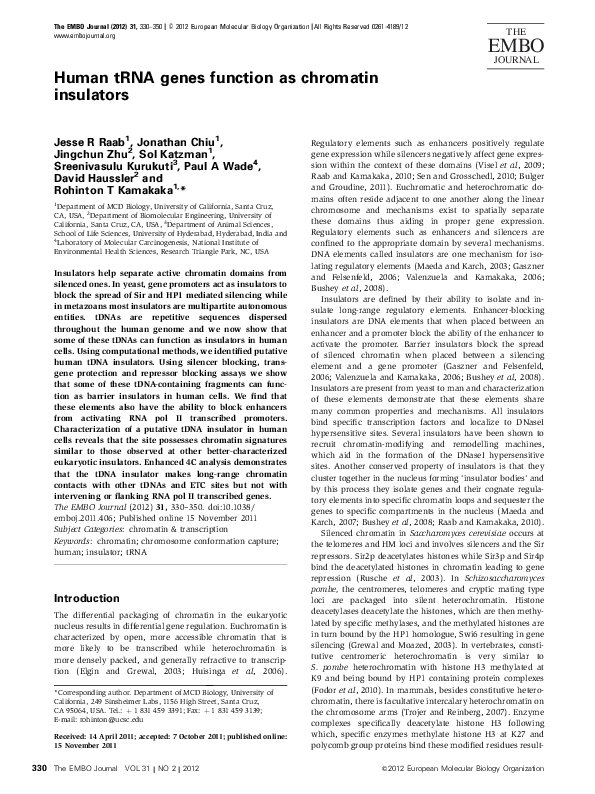 (PDF) Human tRNA genes function as chromatin insulators