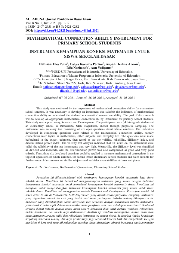 (PDF) Mathematical Connection Ability Instrument for Primary School ...