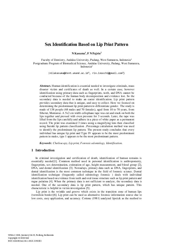 Pdf Sex Identification Based On Lip Print Pattern
