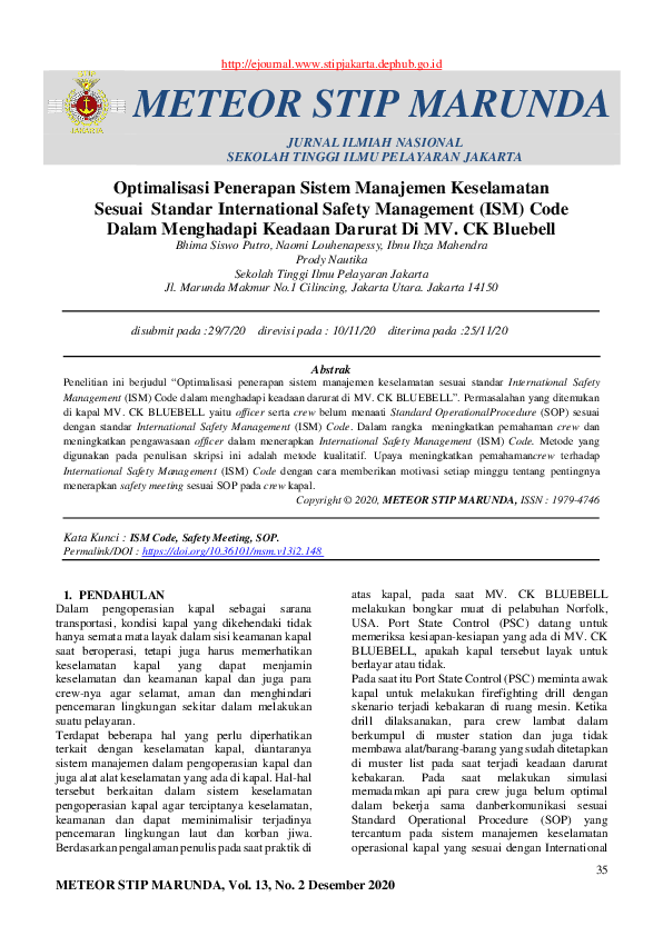 (PDF) Optimalisasi Penerapan Sistem Manajemen Keselamatan Sesuai Standar International Safety ...