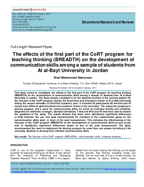 (PDF) The effects of the first part of the CoRT program for teaching ...