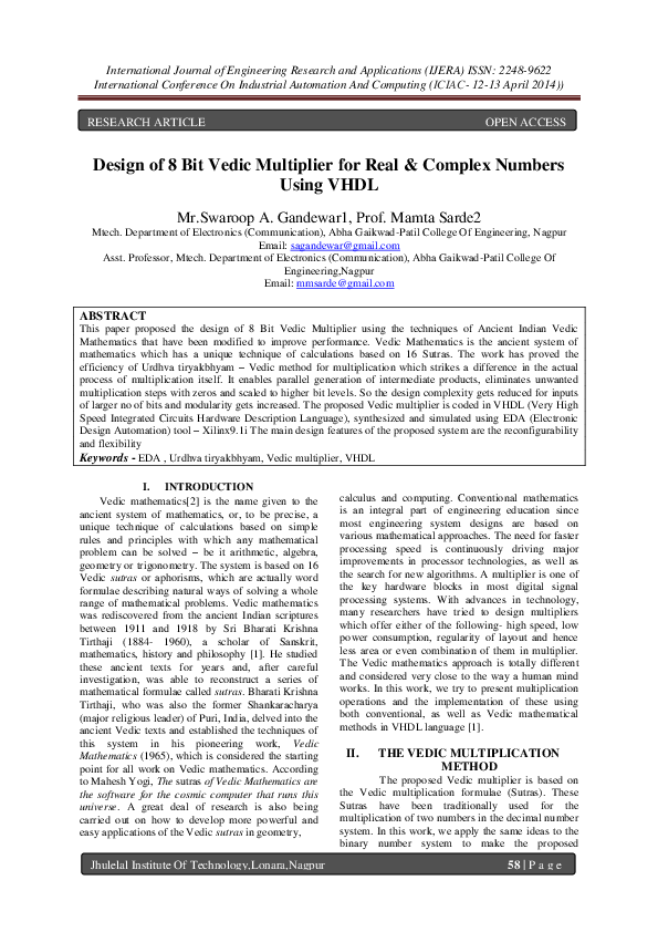 Pdf Design Of 8 Bit Vedic Multiplier For Real And Complex Numbers Using Vhdl Mr 0451