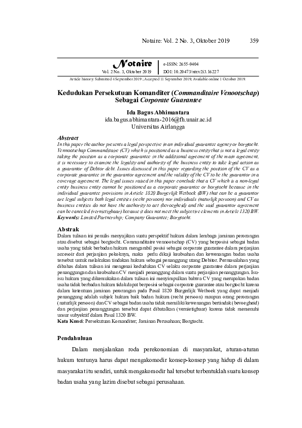 (PDF) Kedudukan Persekutuan Komanditer (Commanditaire Venootschap ...