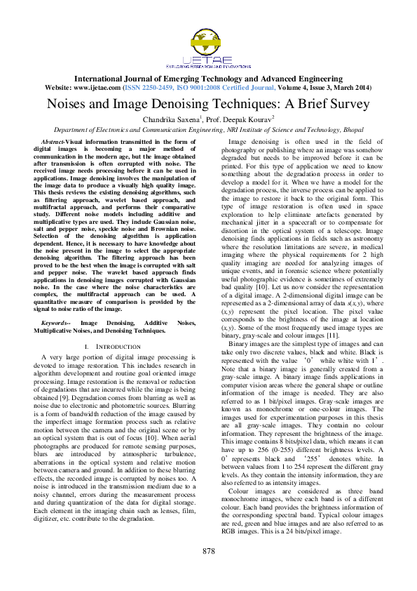 (PDF) Noises and Image Denoising Techniques: A Brief Survey