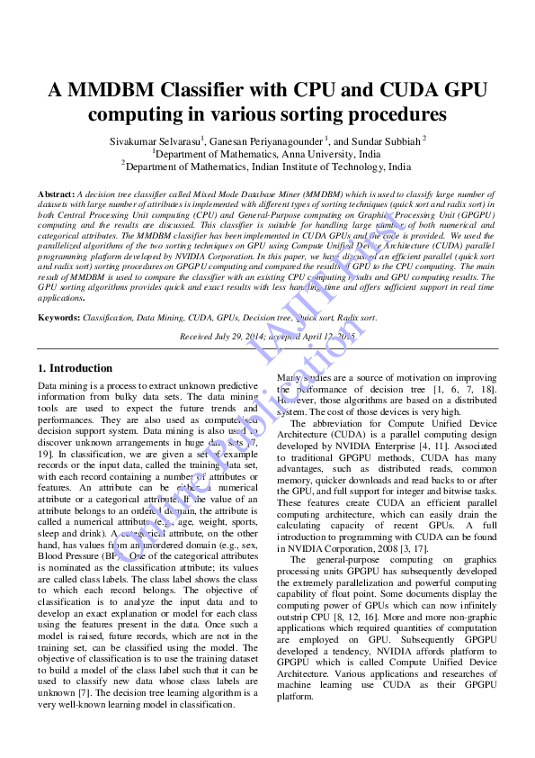 (PDF) A MMDBM classifier with CPU and CUDA GPU computing in various sorting procedures
