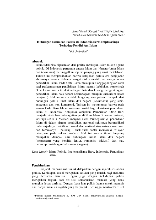 (PDF) Hubungan Islam dan Politik di Indonesia Serta Implikasinya Terhadap Pendidikan Islam