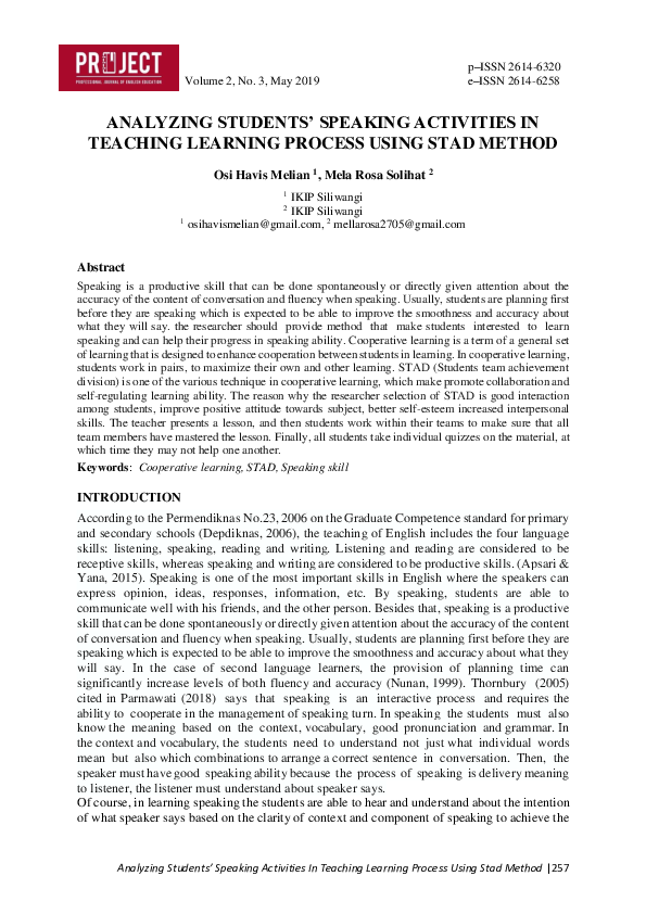 (PDF) Analyzing Students’ Speaking Activities in Teaching Learning Process Using Stad Method