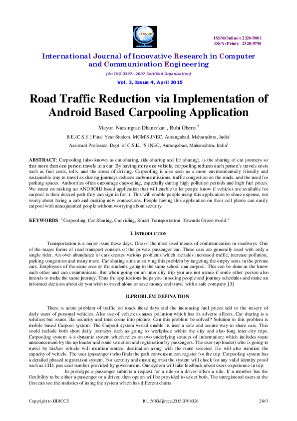(PDF) Road Traffic Reduction via Implementation ofAndroid Based Carpooling Application