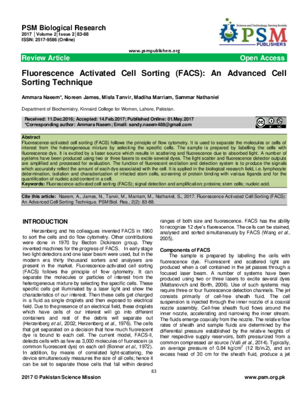 Pdf Fluorescence Activated Cell Sorting Facs An Advanced Cell Sorting Technique