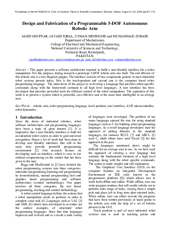 (PDF) Design and fabrication of a programmable 5-DOF autonomous robotic arm