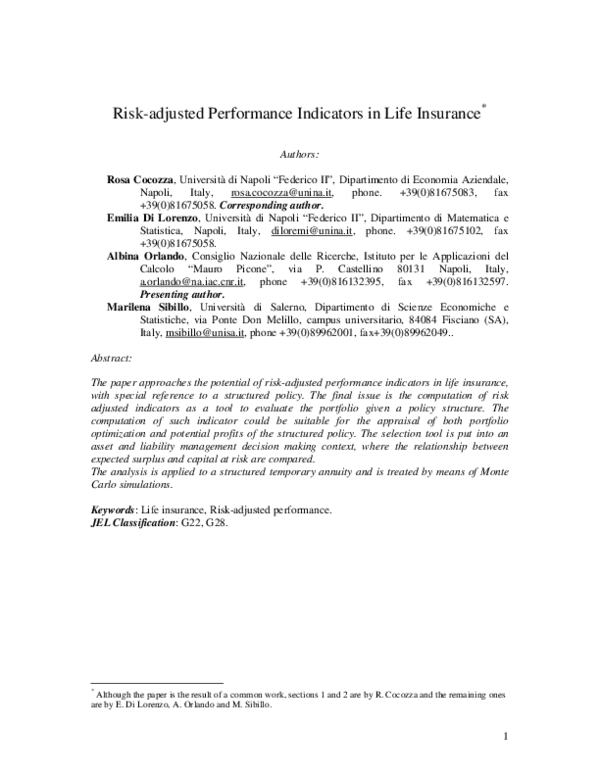 (PDF) Risk-adjusted performance indicators in life insurance