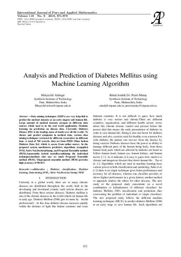 Analysis And Prediction Of Diabetes Mellitus Using Machine Learning Algorithm 