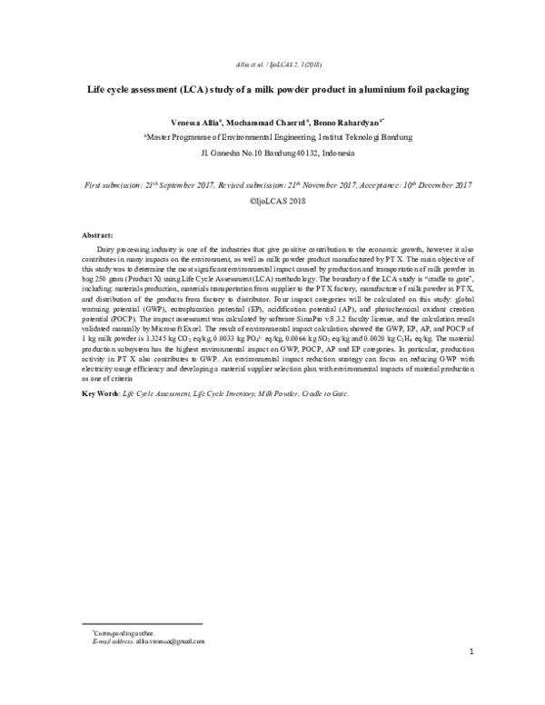 (PDF) Life cycle assessemnt (LCA) study of a milk powder product in ...