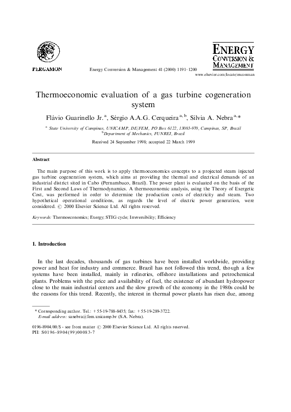 (PDF) Thermoeconomic evaluation of a gas turbine cogeneration system