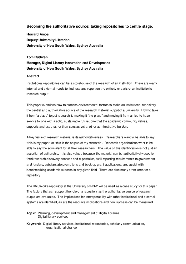 (PDF) Becoming the authoritative source: taking repositories to centre ...