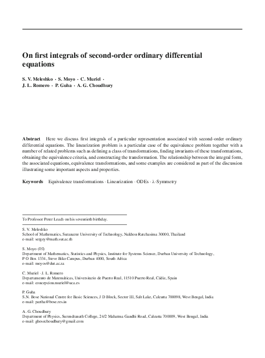 (PDF) On first integrals of second-order ordinary differential equations