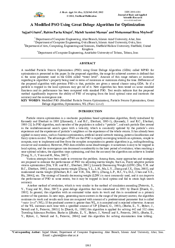Pdf A Modified Pso Using Great Deluge Algorithm For Optimization