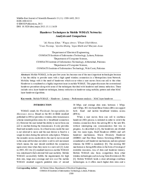 Pdf Handover Techniques In Mobile Wimax Networks Analysis And Comparison
