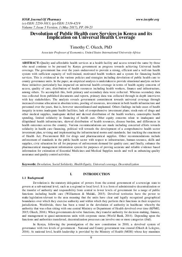 (PDF) Devolution of Public Health care Services in Kenya and its ...