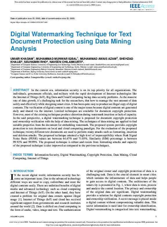 Pdf Digital Watermarking Technique For Text Document Protection Using Data Mining Analysis