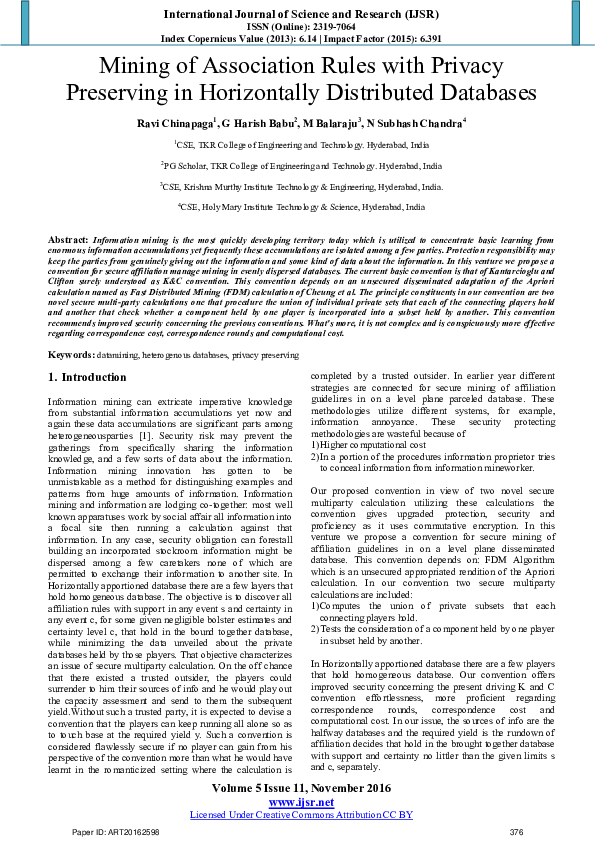 Pdf Mining Of Association Rules With Privacy Preserving In Horizontally Distributed Databases